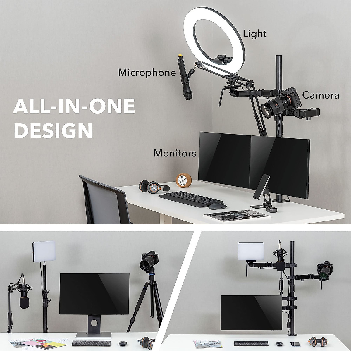 Mount-It! All in One Live Streaming Equipment | 5 Arm Streaming Desk Mount That Holds Dual Monitors, Cameras and Ring Light with Mic | YouTube Setup for Recording and Facebook Live Equipment