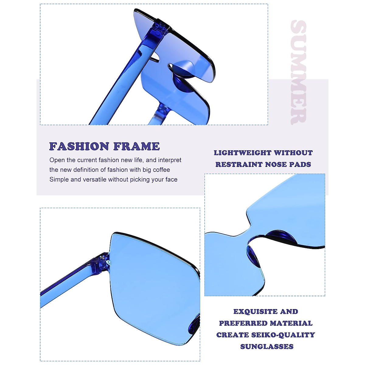 Chumia 51 Pairs Colored Fun Sunglasses Bulk Candy Party Sunglasses Rimless Transparent Square Tinted Sunglasses Rectangle Colorful Bulk Sunglasses Frameless Colored Glasses for Women Men Cosplay