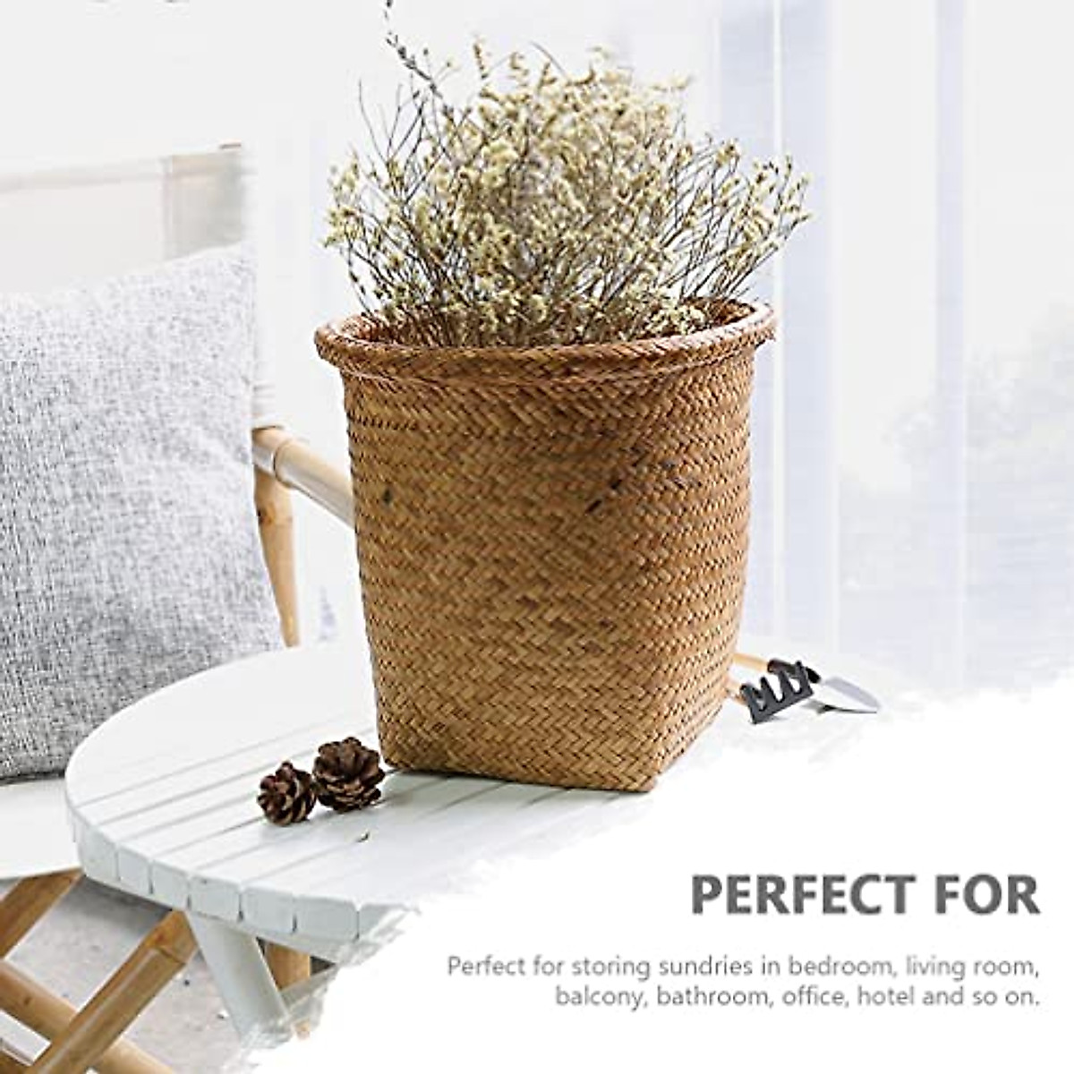 Alipis Seagrass Waste Basket Wicker Trash Can Woven Garbage Bin Laundry Hamper Rattan Plant Pot Rustic Storage Basket Rubbish Recycling Container for Kitchen Home Office