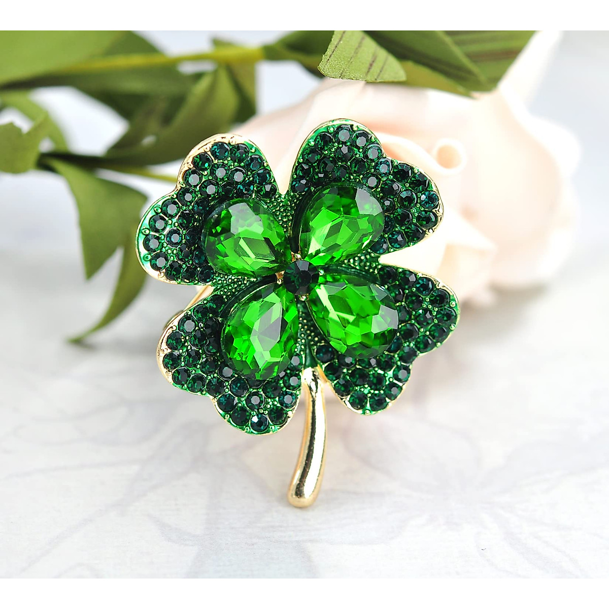Gyn&Joy Green Crystal Lucky Four Leaf Clover Shamrock Brooch Pin
