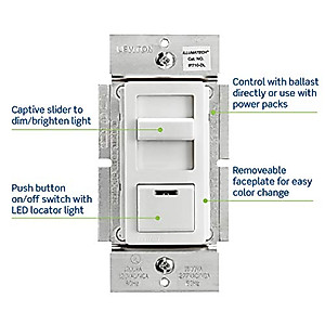 Leviton IP710-DLZ IllumaTech Slide Dimmer for LED 0-10V Power Supplies, 1200VA, 10A LED, 120/277 VAC, White w/Color Change Kits Included & IPKIT-G GY CLR Conv KIT Slider/Push BTN