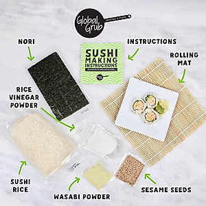 Global Grub DIY Sushi Making Kit - Sushi Kit Includes Sushi Rice, Nori Sushi Seaweed, Rice Vinegar Powder, Sesame Seeds, Wasabi Powder, Bamboo Sushi Rolling Mat, Instructions, Makes 48 Pieces