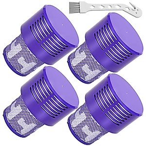 LhhTing Replacement V10 Filters for Dyson V10 Cyclone Series, V10 Absolute, V10 Animal, V10 Total Clean, SV12, Replace Part No. 969082-01, 4 Pack Filters and 1 Clean Brush