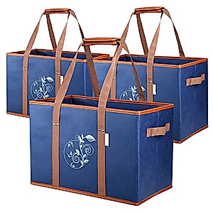 Liviable Reusable Grocery Shopping Bags, Foldable, Heavy Duty Tote, Box Bags with Long Handles and Solid Bottom, Large - Set of 3, Navy Blue