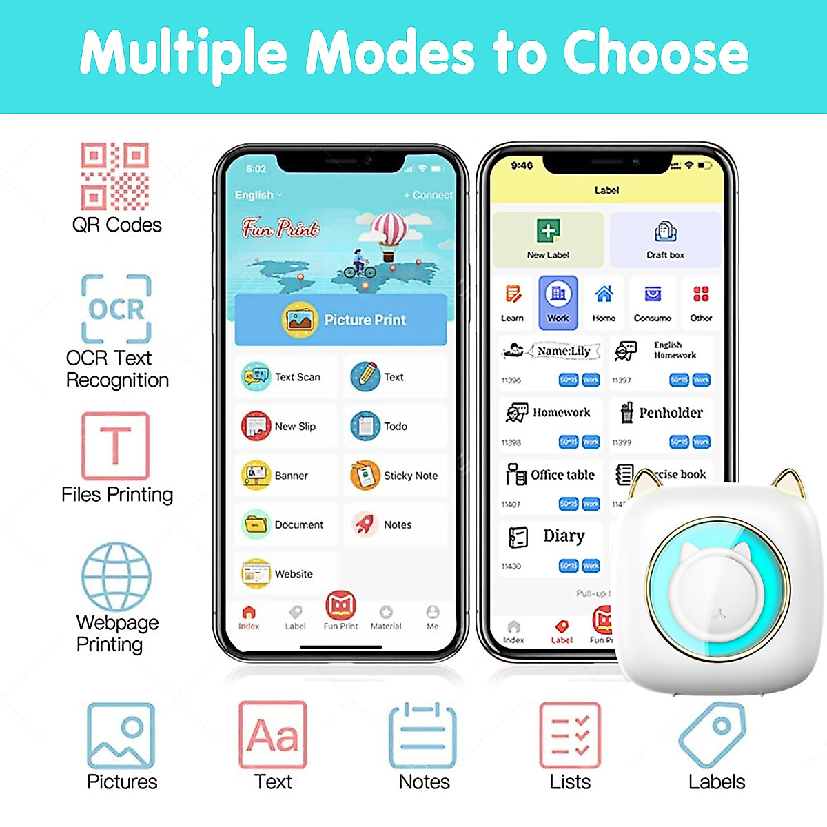 WOVTE Mini Sticker Printer, Portable Bluetooth Thermal Printer with 10 Rolls Thermal Paper, Smal Print Pod, Inkless Pocket Printer for iPhone & Android, Suitable for Notes Memo Kids Gift, White