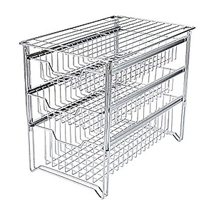 TQVAI 3 Tier Under Sink Organizer Sliding Pull Out Shelves, Stackable Kitchen Cabinet Organizer with Drawer,