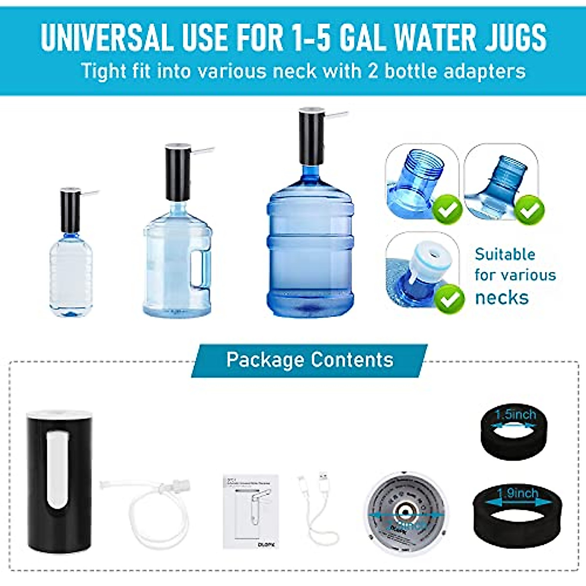Water Bottle Pump, 2000mAh Battery USB Water jug Pump for 5 Gallon Water Pump,Portable Automatic Water Dispenser Pump for Home Office RV Camp (Foldable) Black
