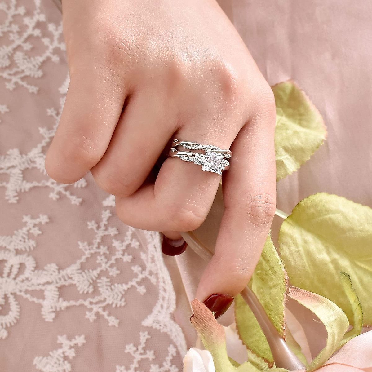 Wuziwen 1 Carat Wedding Infinity Band Bridal Ring Sets Princess AAAAA CZ Sterling Silver Size 6