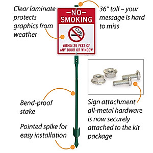 SmartSign 12 x 10 inch “No Smoking Within 25 Feet Of Any Door Or Window” LawnBoss Yard Sign with 3 foot Stake, 40 mil Laminated Rustproof Aluminum, Red, Black and White, Set of 1, Made in USA