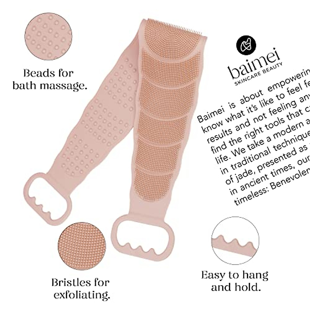 BAIMEI Shower Silicone Back Scrubber, Handle Body Washer, Exfoliating Texture Scrubbing Pad for Shower (Pink)