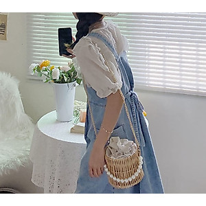 Straw Beach Pearl Bag Purse Bag for Women Vacation Handmade Basket Tote Bamboo Should Bag Handbag Best Gift for Girls Wife