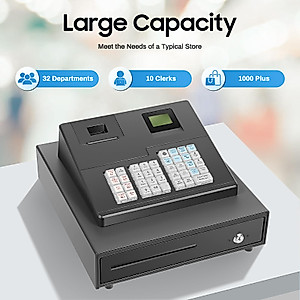CAIHAOA Cash Register, 8 Digits LED 38 Keys Electronic Cash Register, Automatic Cash Register with 32 Departments, Quick Load Thermal Printer Cash Register 1000 Plus 10 Clerks for Small Business,Black