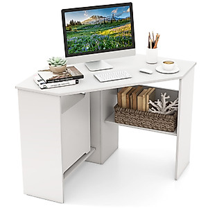 GOFLAME Corner Desk with Storage Shelves, Triangular Computer Desk with Cable Management Holes, Laptop Workstation for Small Space, Makeup Vanity Desk for Living Room, Study, White