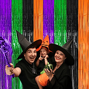 2 Packs 3.3ft x 8.2ft Halloween Purple Green Black Orange Tinsel Foil Fringe Curtains, Metallic Foil Curtains for Home Outdoor Halloween Party Photo Booth Props Decorations