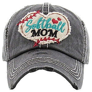 Funky Junque Distressed Baseball Cap Vintage Dad Hat - Softball Mom (Black)