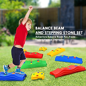 MOCUTEEN Kids Balance Beam Toddler Stepping Stones Max Load 220LBS 12 PCS Non-Slip Textured Surface & Rubber Pads Bottom Promote Agility Coordination Five Star Pattern