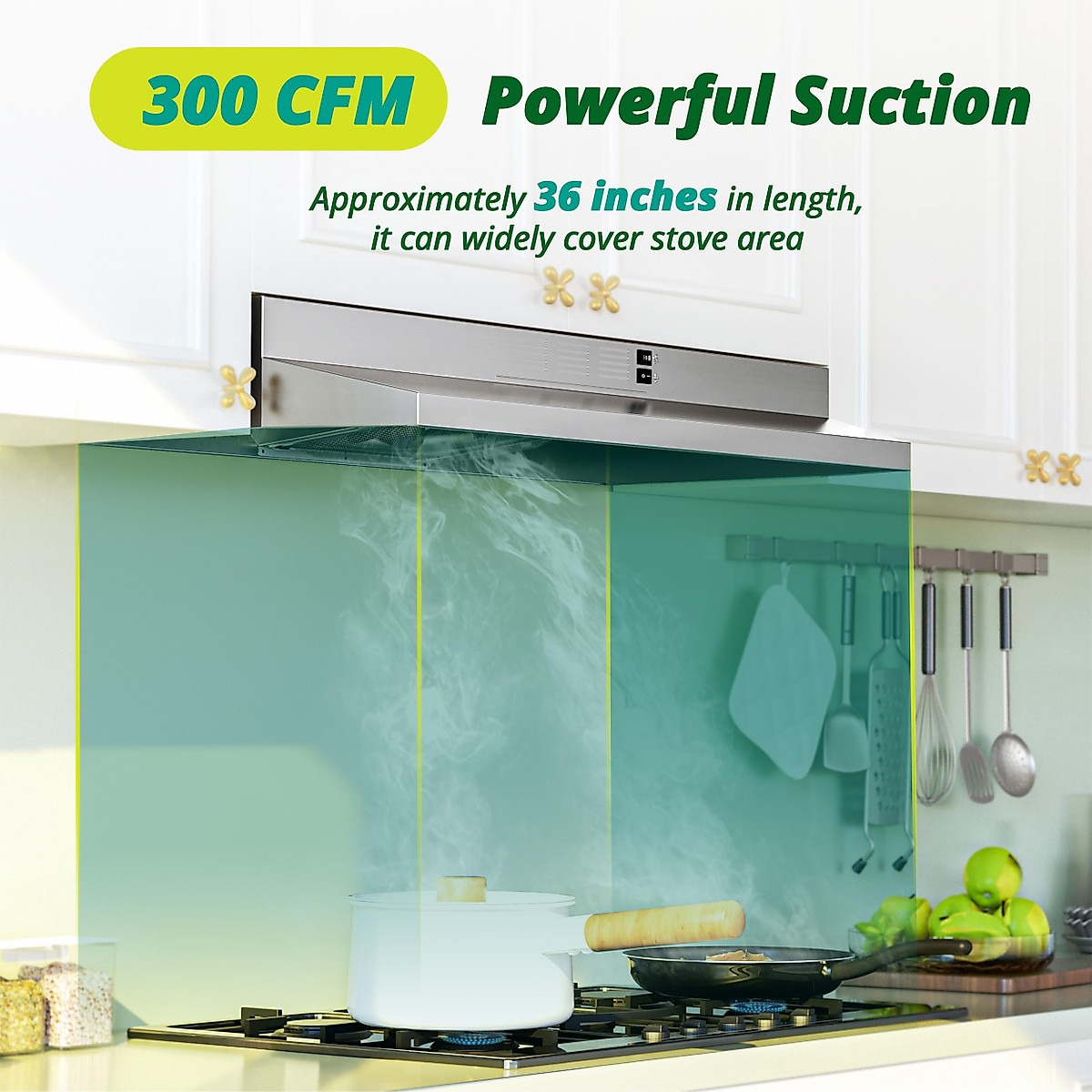 FIREGAS Range Hood 36 inch Under Cabinet, Ducted/Ductless Convertible Kitchen Hood, Stainless Steel Vent Hood with LED Light,2 Speed Exhaust Fan, Silver