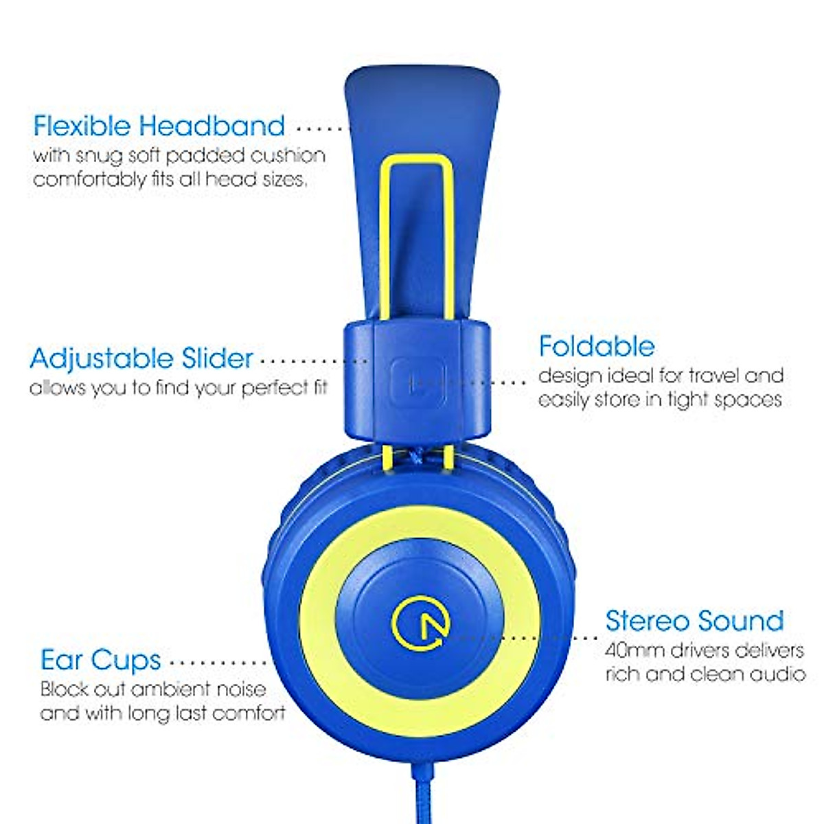 noot products Kids Headphones with Microphone K12 Stereo 5ft Long Cord with 85dB/94dB Volume Limit Wired On-Ear Headset for iPad/Amazon Kindle,Fire/Toddler/Boys/Girls/School/Travel/Plane(Blue/Lime)