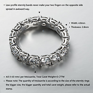 CannyCat Eternity Moissanite Ring 4.0mm 5CTTW D color Full Moissanite Eternity Wedding Band for Women Platinum Plated Silver Lab Created VVS Diamond Anniversary Engagement Stackable Rings (6)