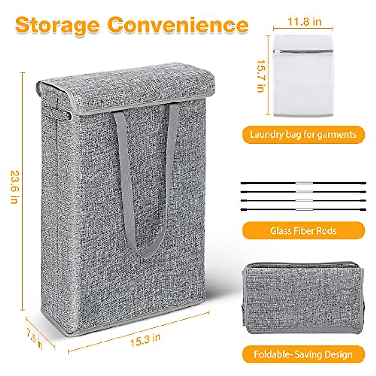 TEAYINGDE slim Laundry Basket with Lid, Tall Thin Laundry Hamper with Handles, Waterproof Lining Narrow Dirty Clothes Hamper for Bathroom Bedroom Dorm Organization Storage, 45L Grey