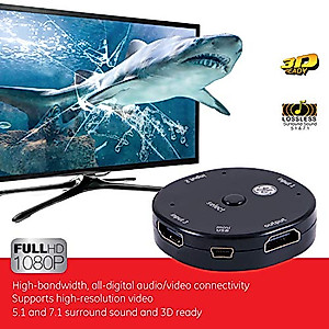 GE 3 Device HDMI Switch, Use with 4K Smart TV Roku Xbox PS3 PS4 Fire Stick DVD Blue Ray Fire TV HDTV Cable Box PC, 4K 1080p 60 FPS, Ultra HD, HDCP 2.2, Black, 33624