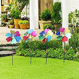DOITOOL 4PCS Garden Wind Spinner Garden Pinwheels Sunflower Wind Spinners with Metal Stakes for Yard Decor Sequin Butterfly Windmill