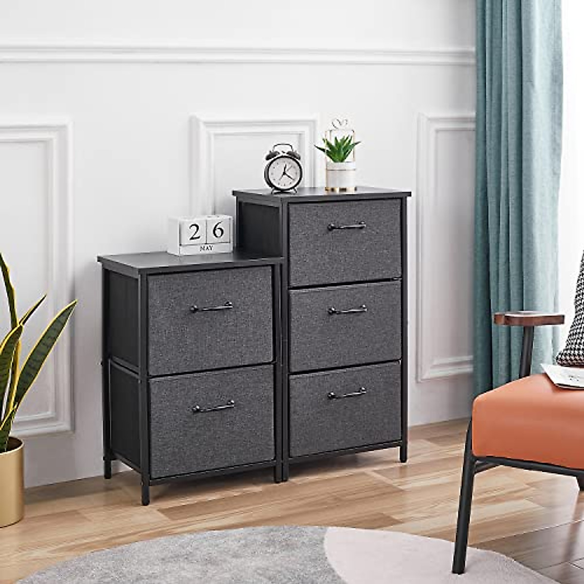 LAND·VOI Storage Dresser with 3 Fabric Drawers,Night Stand for Bedroom, Office, Living Room, and Hallway Entryway Closets, Steel Frame Wood Top, Easy Pull Handle,Black Grey BET11B