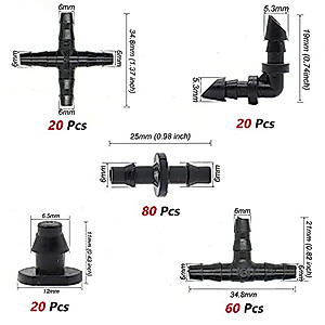 200pcs Irrigation Fittings Kit, Kalolary Drip Irrigation Barbed Connectors for 1/4-Inch Tubing Flower Pot Vegetable Garden Lawn Water Hose Irrigating