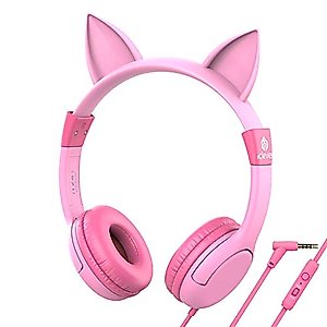 iClever HS01 Kids Headphones with Mic, Food Grade Safe Volume Limited 85/94dB, Cat Ear Headphones for Kids Girls Boys, Wired Children Headphones for Online Learning/School/Travel/Tablet (Pink)