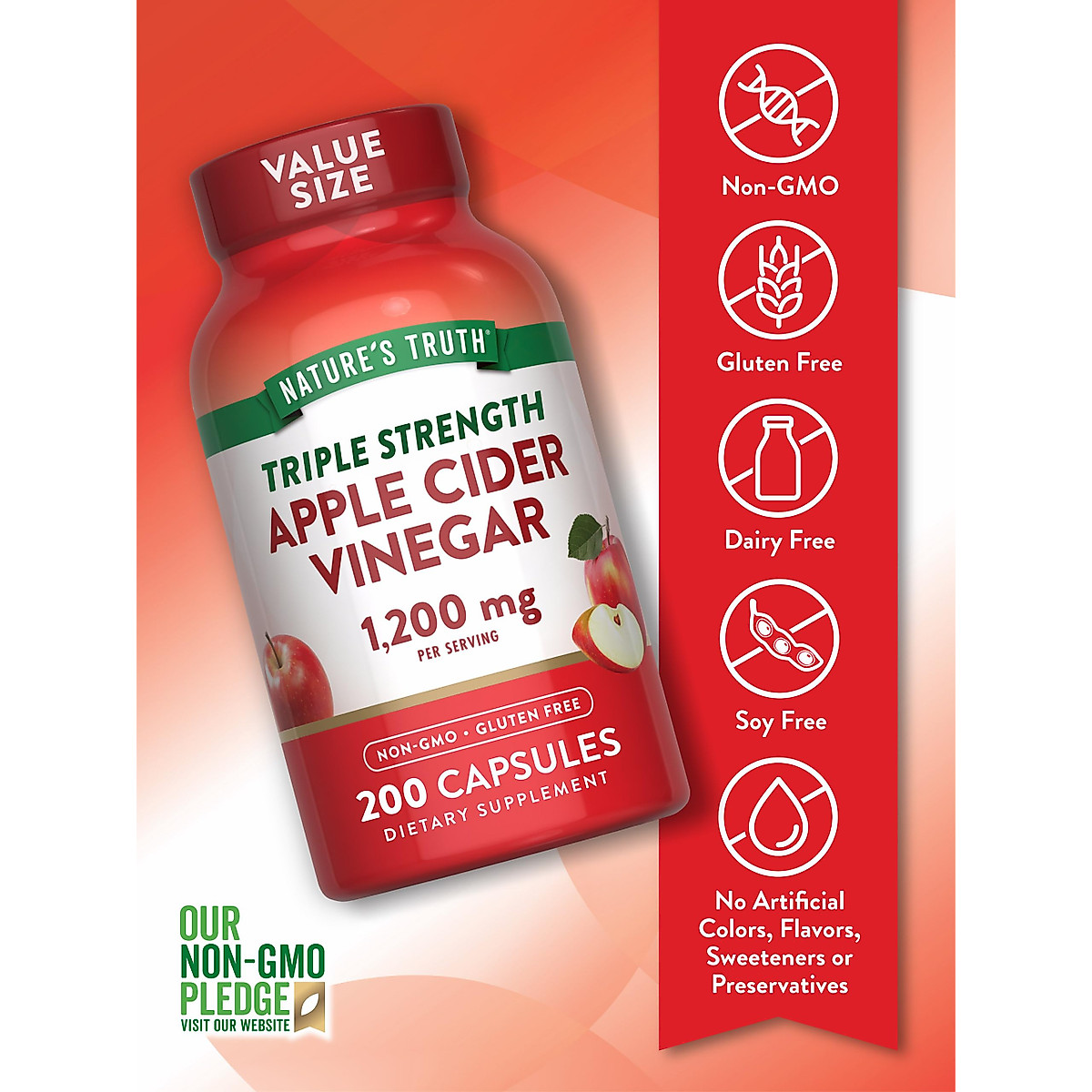 Nature's Truth Apple Cider Vinegar Capsules | 1200mg | 200 Pills | Extra Strength | Value Size | Non-GMO, Gluten Free Supplement