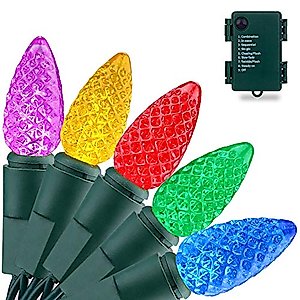 RECESKY C3 Bulbs Christmas String Lights with Built-in Timer - 50 LED 16.4ft Battery String Lights for Outdoor and Indoor, Fairy Lighting Garden, Yard, Garland, House, Xmas Tree, Christmas Decorations