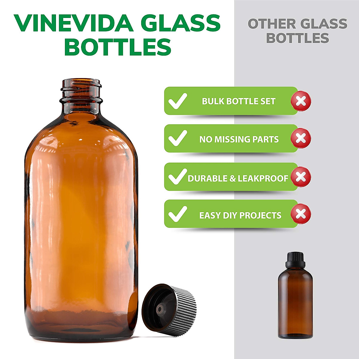 VINEVIDA 8 oz Amber Glass Bottles - 12 Pack Amber Boston Glass Bottles With Poly Cap and Accessories - Chalk Labels, Funnels - Empty Tincture Bottles for Essential Oils, Lab Chemicals, and Perfumes