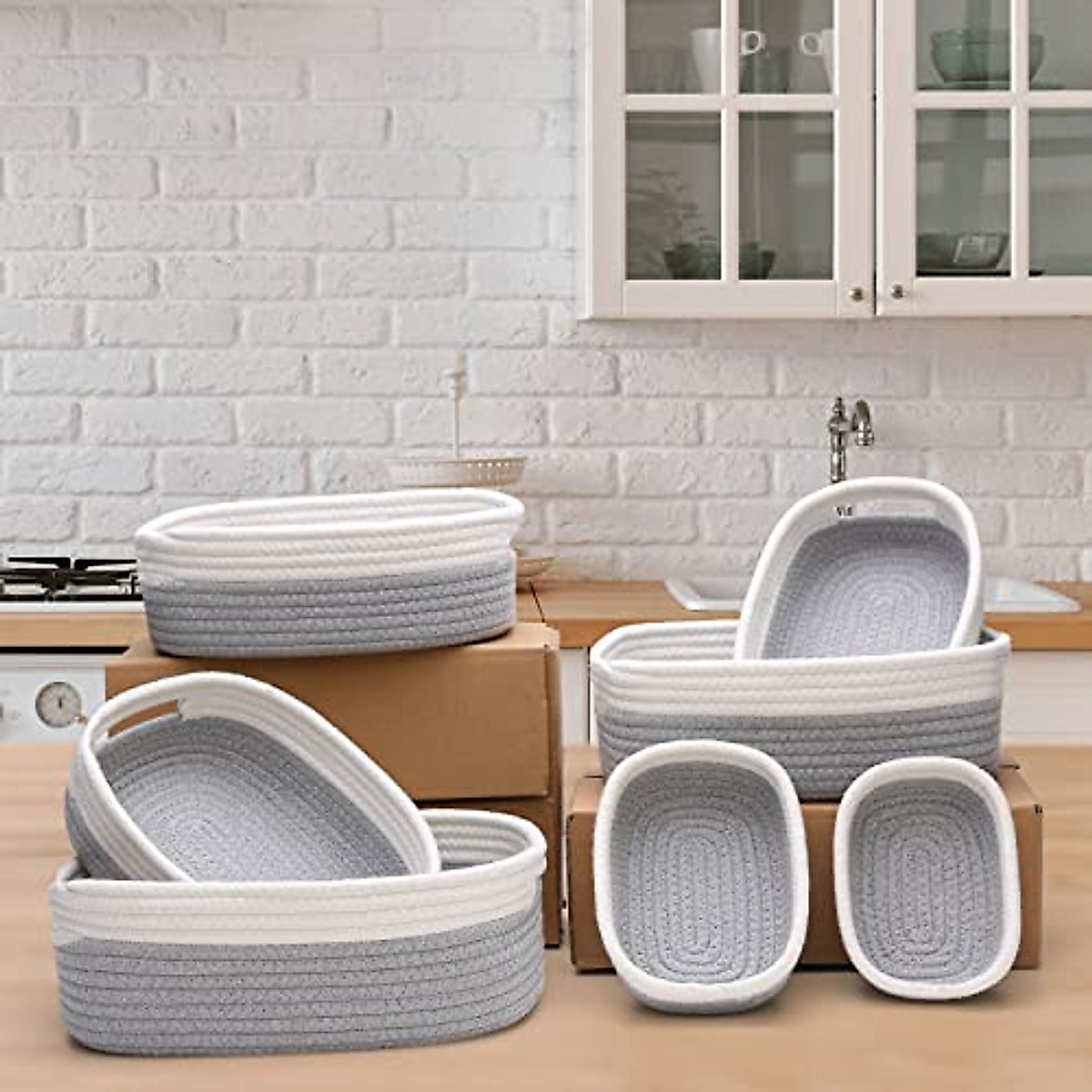 HLWDFLZ 7 Piece Cotton Rope Woven Basket Set - Woven Storage Basket Pets Toy Cotton Rope Basket for Organizing, Small Basket for Montessori, Dog Cat Toy Box, Baby Nursery (White/Gray)