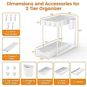 EWU Under Sink Organizers and Storage, 2 Tier Under Sink Organizer with Sliding Storage Drawer, Multi-purpose Storage Shelf for Kitchen Bathroom Bedroom with Hanging Cup and 5 Hooks, White