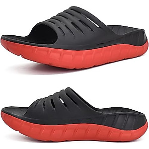 KuaiLu Mens Recovery Walking Sandals Sport Comfort Cushion Athletic Slides Orthotic Plantar Fasciitis Open Toe Slip On Wide Width Thick Foam Sandles Summer Pool Beach Slippers Black Red Size 10