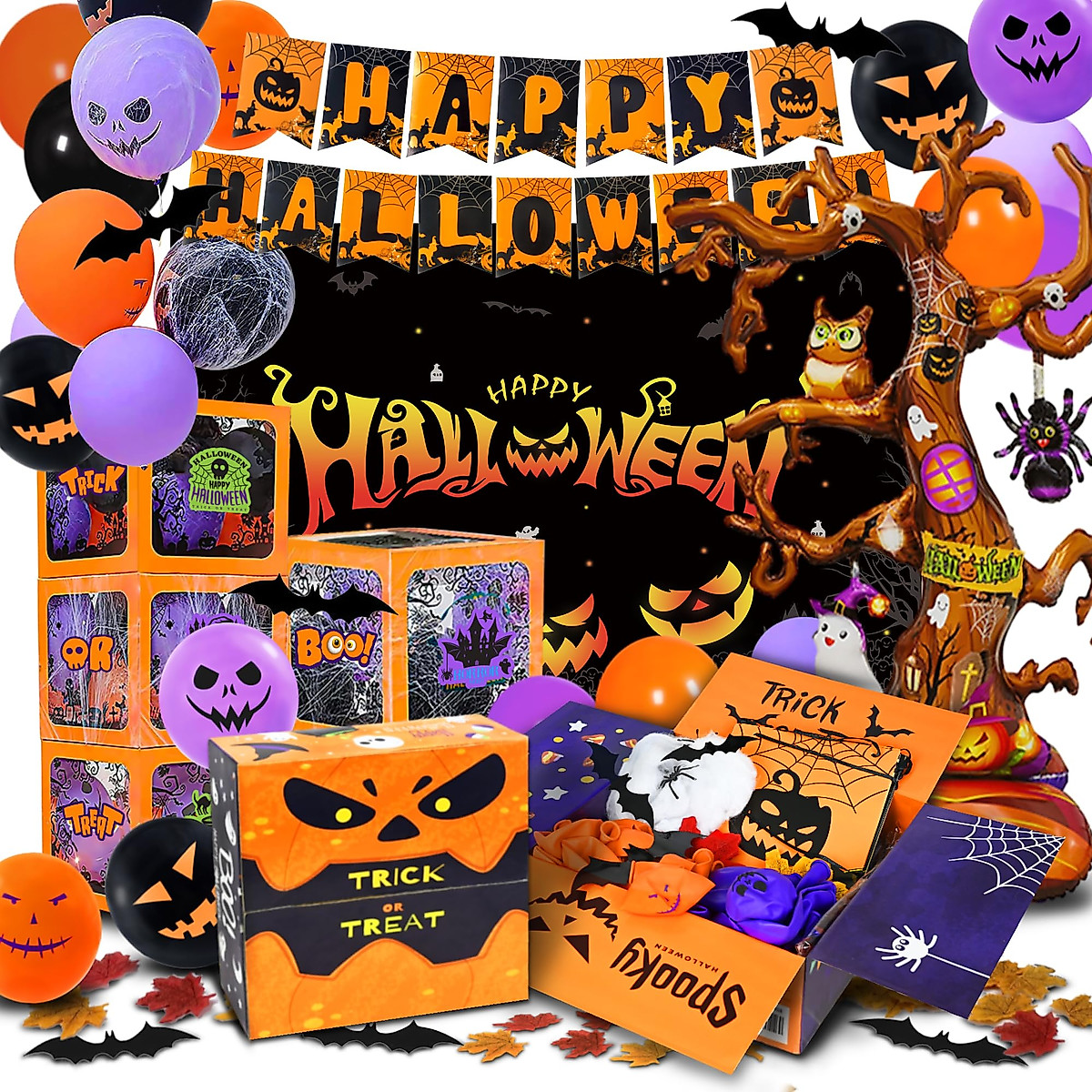 Party Spot! 157 Pcs Halloween Party Decorations Kit, 43" Giant Tree Balloon, 4 Balloon Boxes, Happy Halloween Banner, 60 pcs Balloons, Artificial Leaves, Halloween Party Supplies, Halloween Favors Set