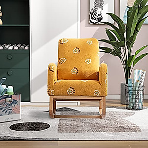 AVGVLIJ Modern Rocking Chair, Slide Rocking Chair, high Back Armchair with Side Pocket, Solid Wood Legs, can Carry 300 pounds, Suitable for Living Room Bedroom (Mustard)
