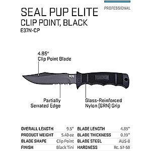 SOG Fixed Blade Knives - Seal Pup Tactical Knife Survival Knife and Hunting Knife w/ 4.75 Inch Blade and MOLLE Knife Sheath & GRN Grip (M37N-CP) , black