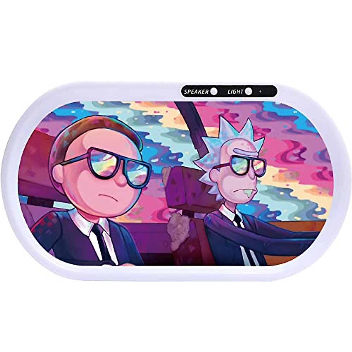 Bluetooth Speaker LED Rolling Tray - Light Up Glow Tray with 7 Colors Party Mode Rechargeable, Smooth Rounded Edges, USB Fast Charging, Unique Art Style Patterns Design, Fun Guys, 13.8”x7.9”.