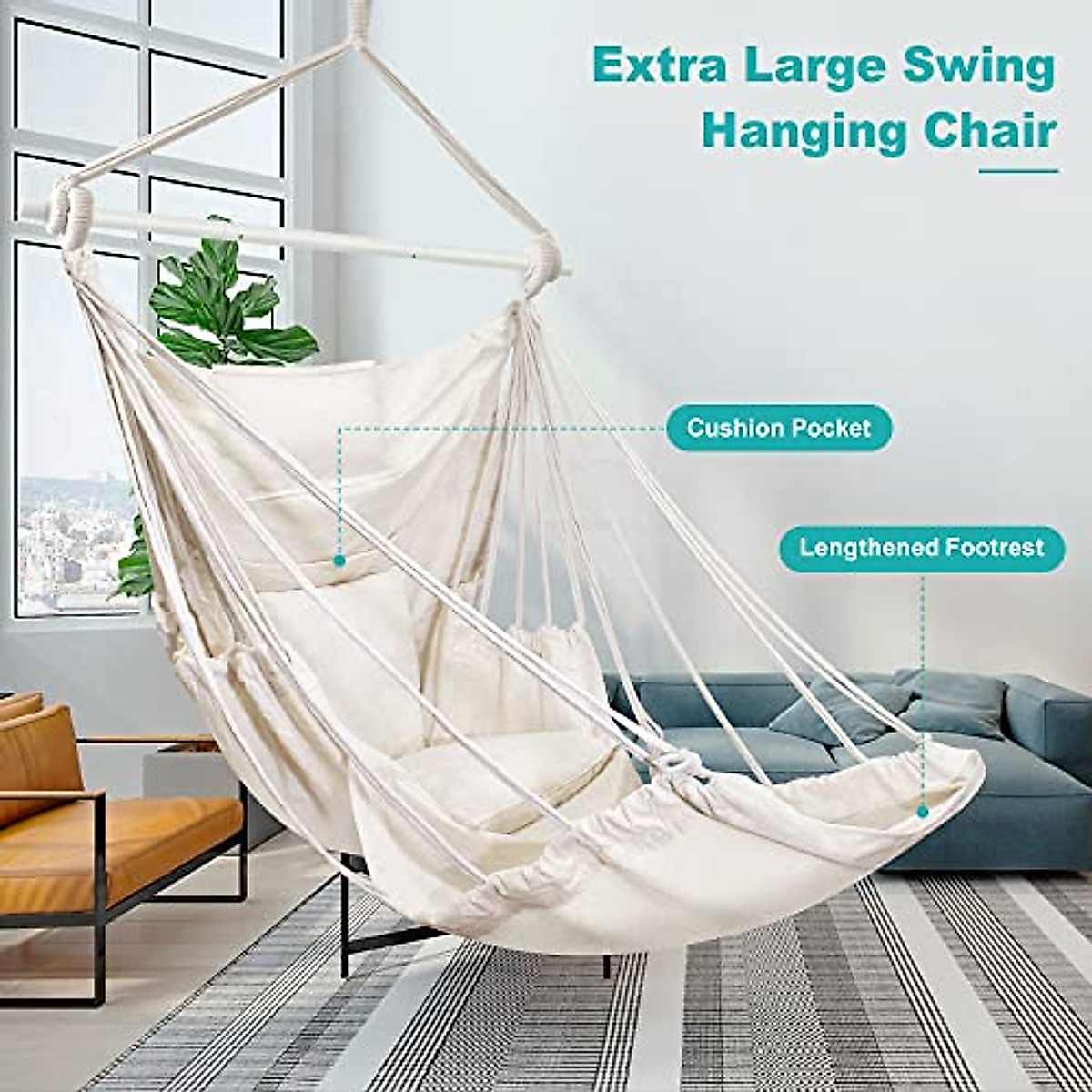 Outerman Hammock Chair, Hanging Chair with 3 Cushions and Foot Rest Support, Durable Metal Spreader Bar Max 500 Lbs, Swing Chair for Bedroom, Indoor & Outdoor, Patio, Porch or Tree（White）