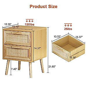 Koifuxii Bedside Tables with 2 Hand-Woven Natural Rattan Drawers - 2 Drawer Nightstands - Boho Bedroom Side Tables with Storage, Wood Night Stand