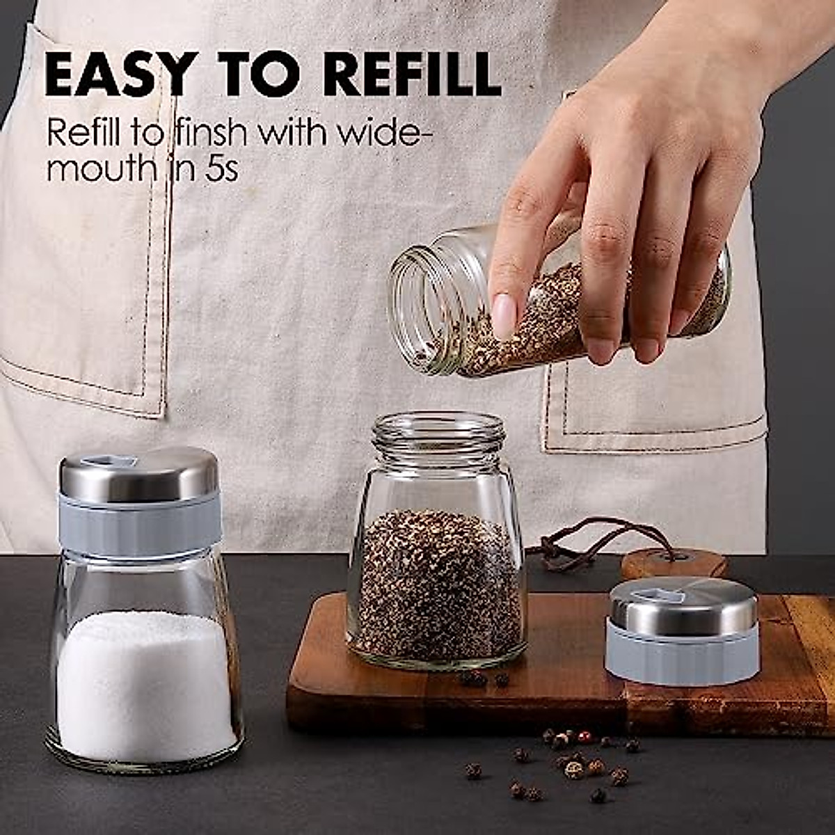 vzaahu Grey Glass Salt and Pepper Sharkers Set with Adjustable Pour Holes - Spice Shaker Salt Dispenser Pepper Dispenser - Perfect for Pink Himalayan, Table Salt, Black and White Pepper (Grey)