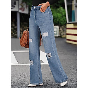 Genleck Womens Ripped Wide Leg Jeans High Waisted Baggy Y2K Distressed Jeans for Women Pants Denim