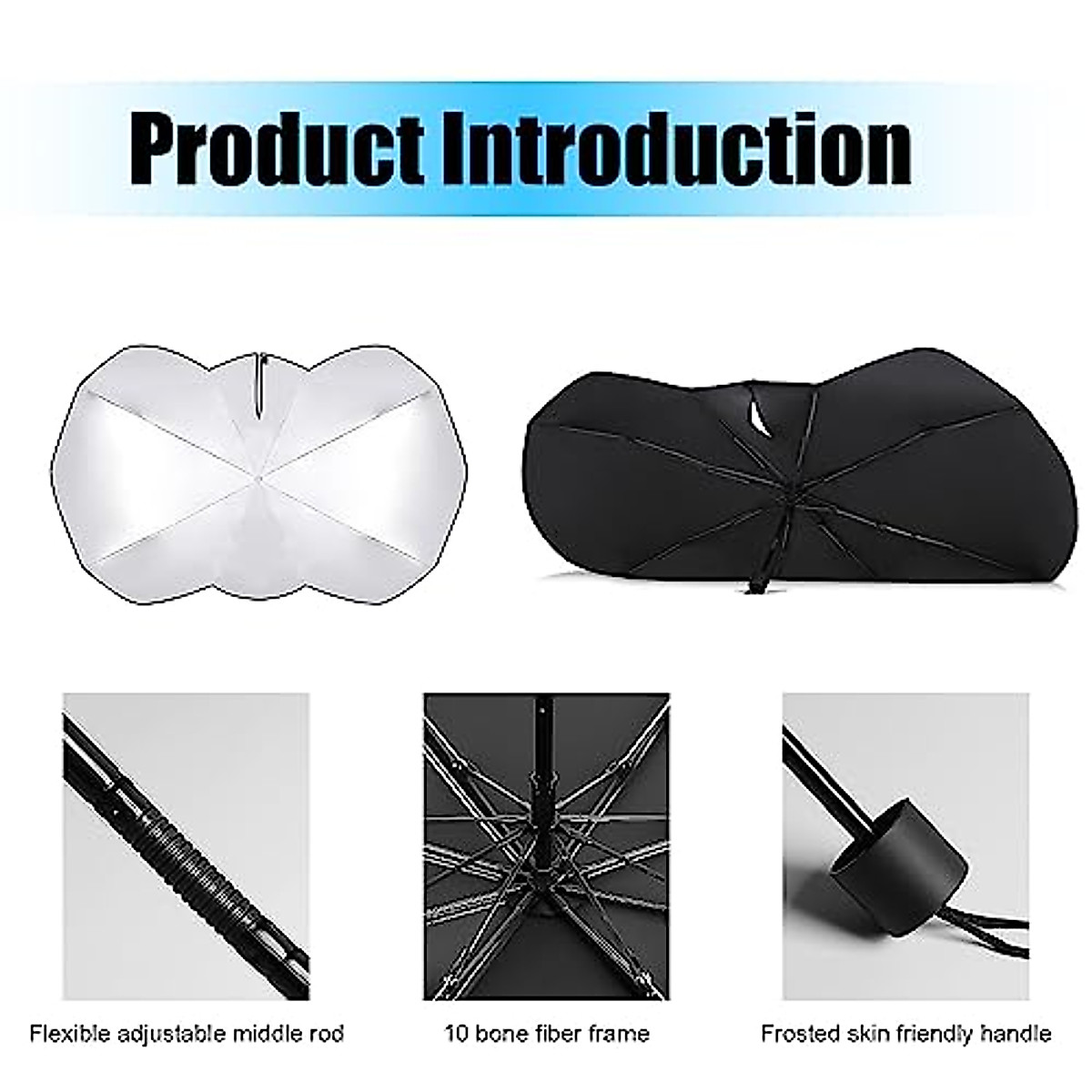 NGHEY 1 PC Car Windshield Sun Shade Umbrella, 34.64" x 56.69" Opening Design Foldable Umbrella, Dashboard Protective Sun Shield Shade Keep Your Vehicle Cool for Car SUV Truck (Silver)