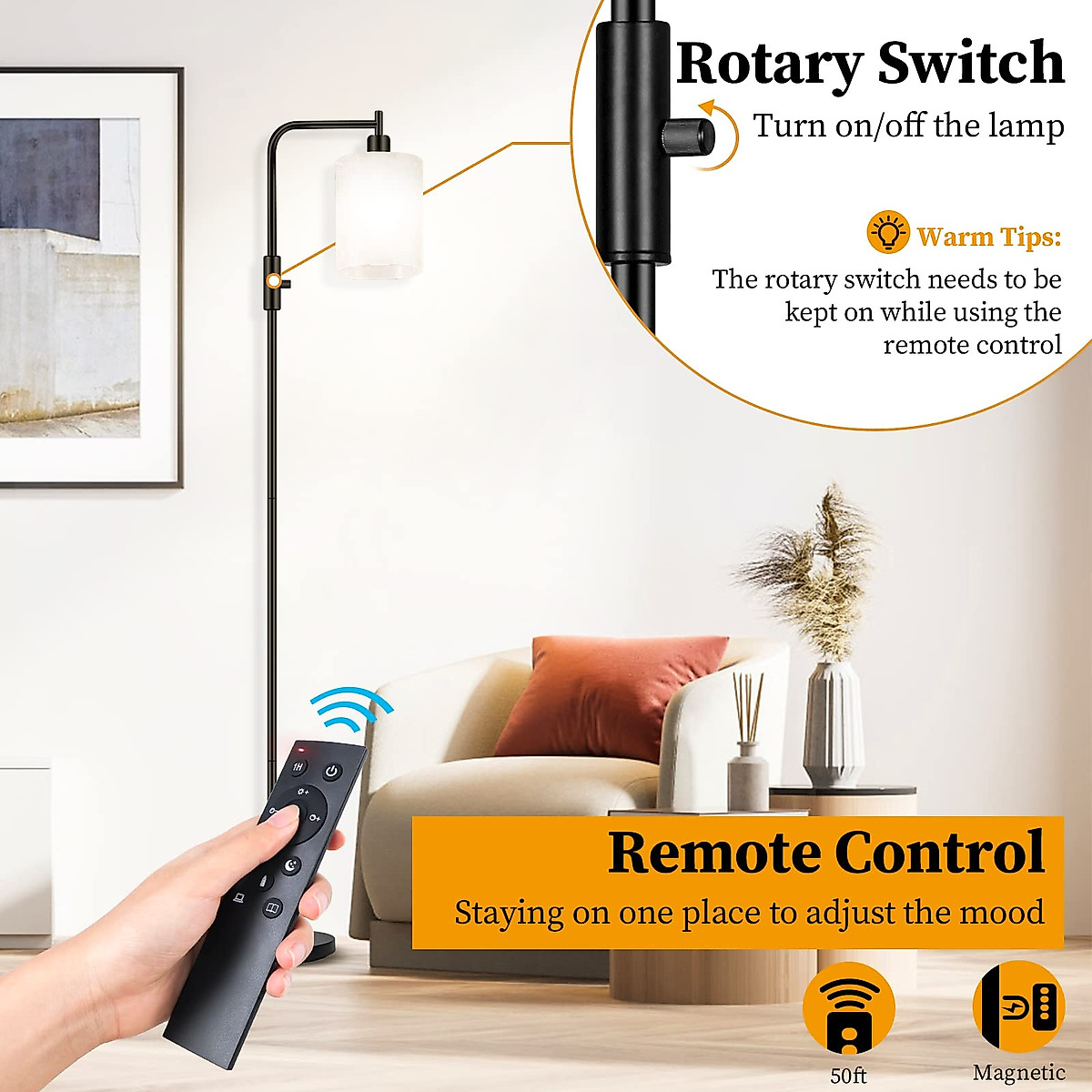 OUTON Modern Floor Lamp, Dimmable Industrial Floor Lamp with Remote Control, Stepless Color Temperature, Timer, LED Tall Stand Lamp with Hanging Frosted Glass Shade for Living Room, Bedroom, Office