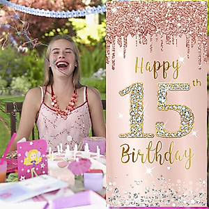 Happy 15th Birthday Door Banner Decorations for Girls, Pink Rose Gold 15 Birthday Party Backdrop Door Cover Sign Supplies, Fifteen Year Old Birthday Poster Background Decor