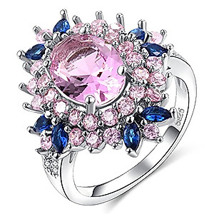 PAMTIER Women's Stainless Steel Pink Flower Ring with Zircon Gemstone Size 7