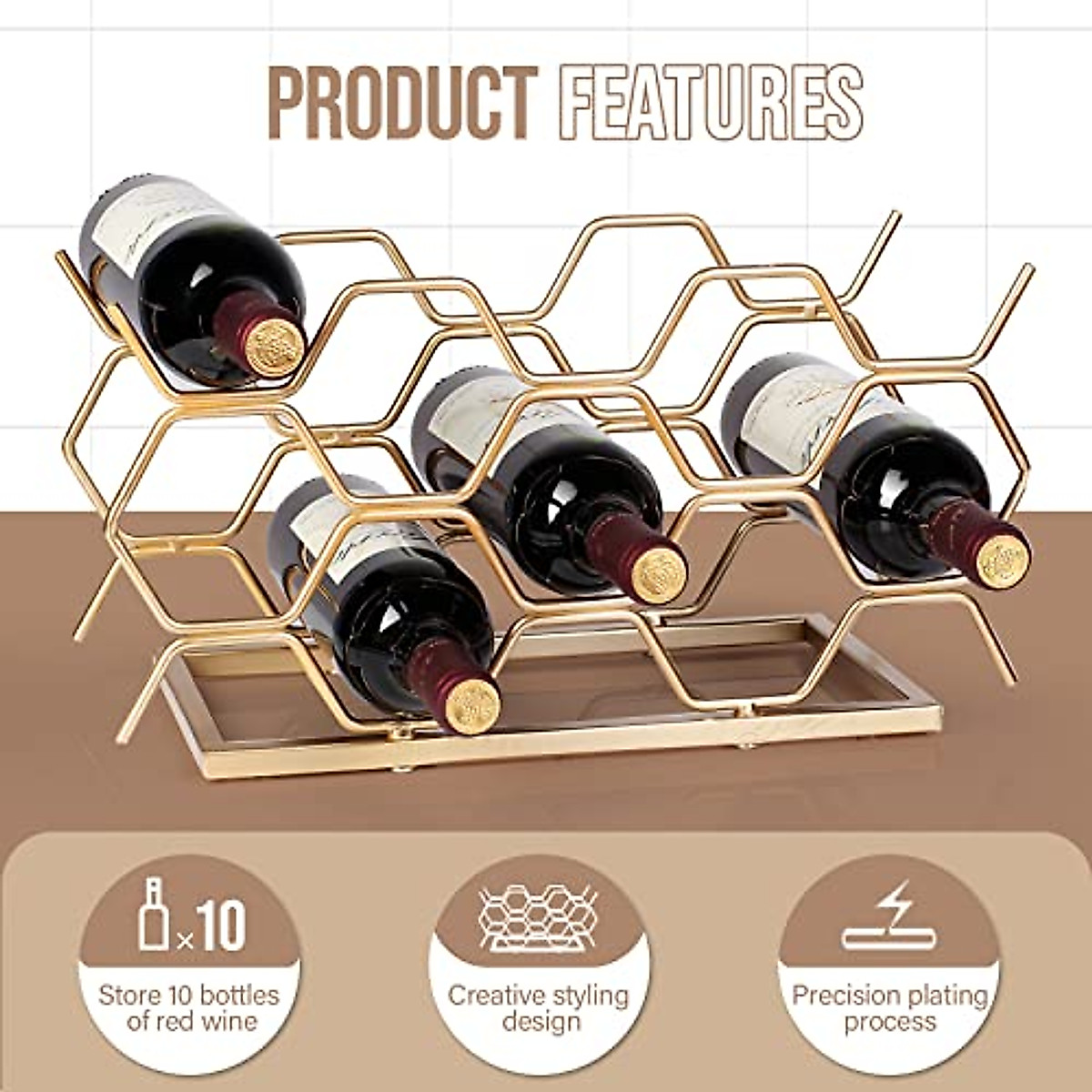 Drincarier Countertop Wine Rack - 10 Bottle Freestanding Modern Gold Metal Small Wine Rack - Tabletop Wine Holder Stand for Cabinet, Pantry, Wine Bottle Storage……