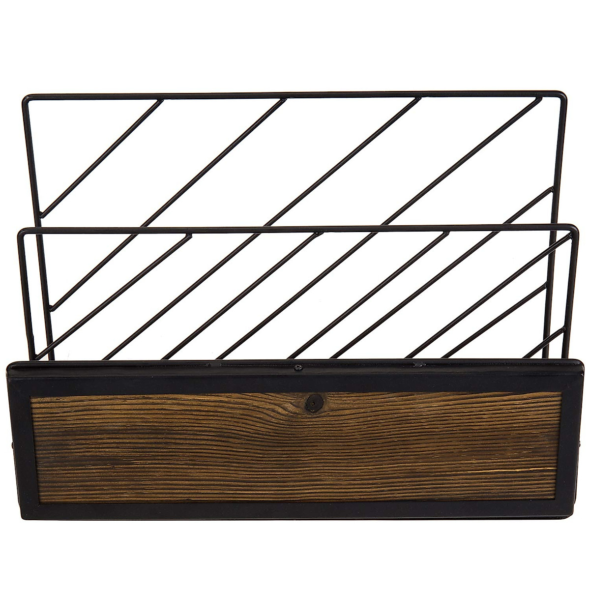 MyGift 2 Slot Black Metal Office Desktop Mail Holder Organizer with Burnt Solid Wood Base and Front Panel Accent, Document File Folder and Magazine Holder Rack