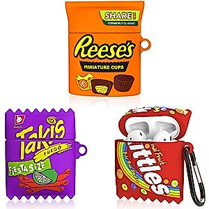 3Pack Cute Airpod case 2nd Generation,3D Cartoon Rainbow Candy+Purple Potato Chips+Chocolate Airpods Case Cover for Girls Boys,Food Design Silicone Protective Case for Apple Air Pod 2/1 with Keychain
